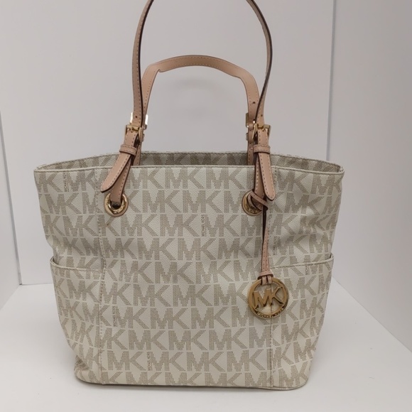 Michael Kors | Bags | Michael Kors Jet Set Tote Cream With Brown Mk ...